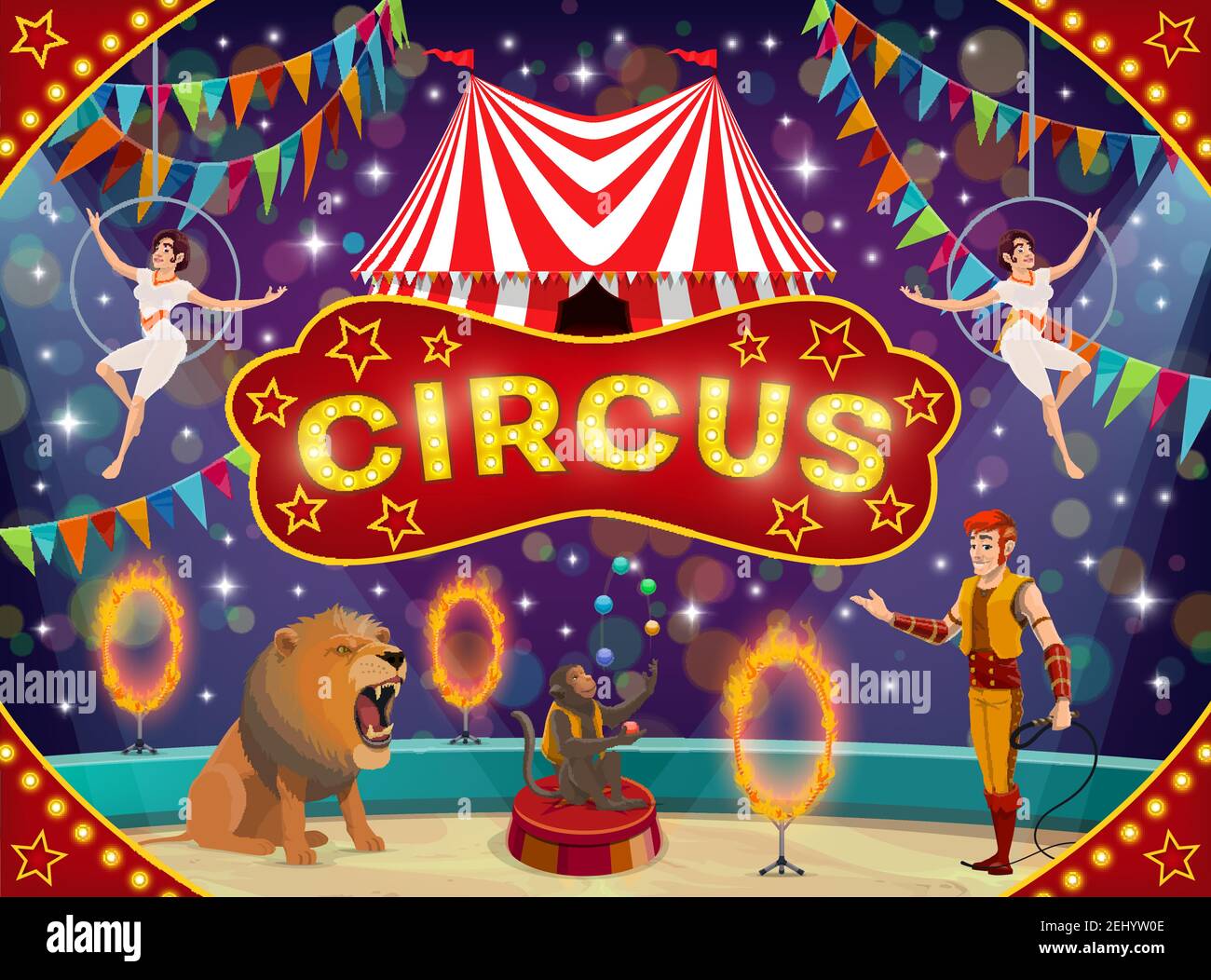 Circus show with trained animals and air acrobat performances. Vector ...