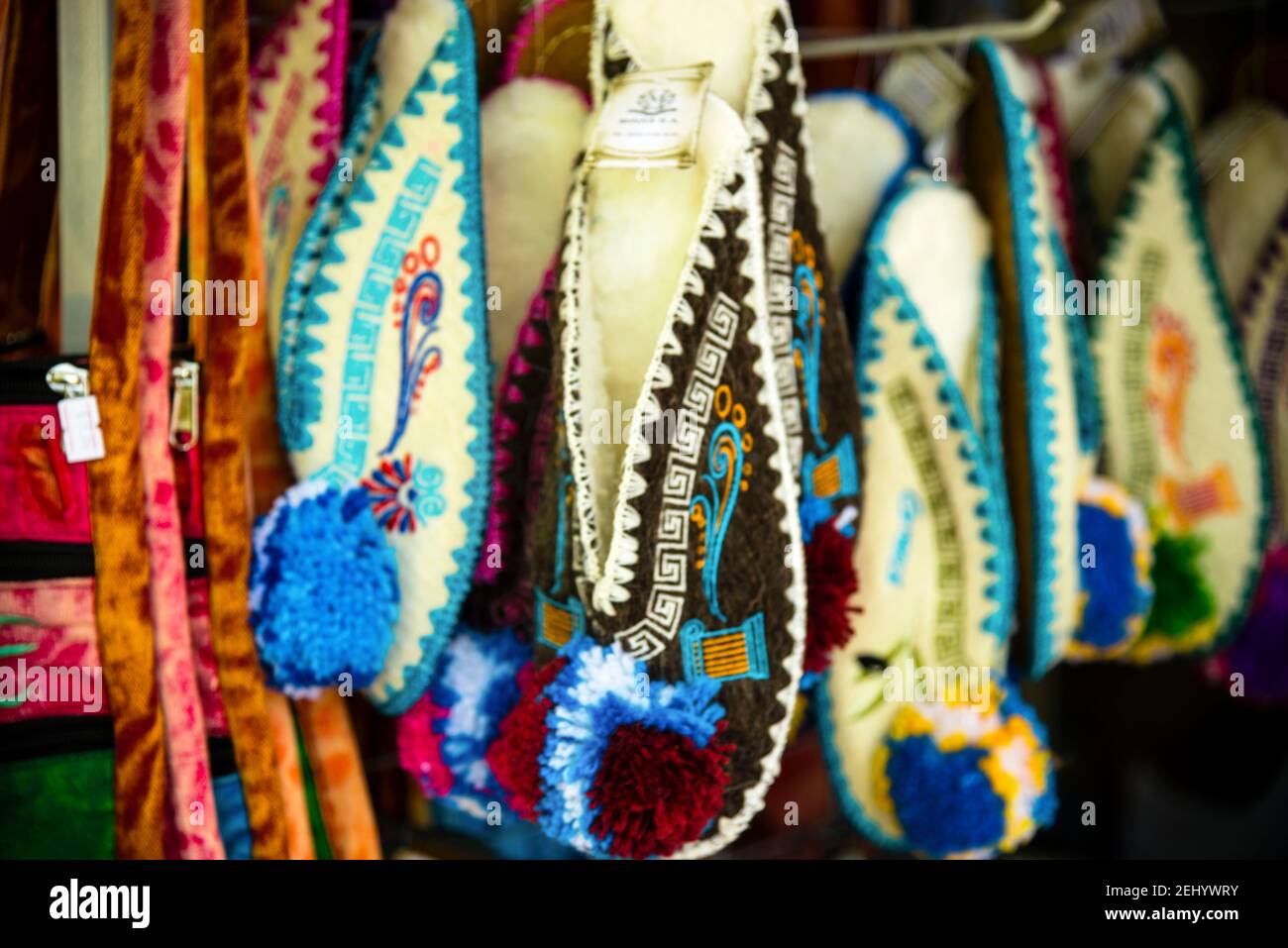 Greek slippers of natural sheep wool in the Plaka district of Athens ...