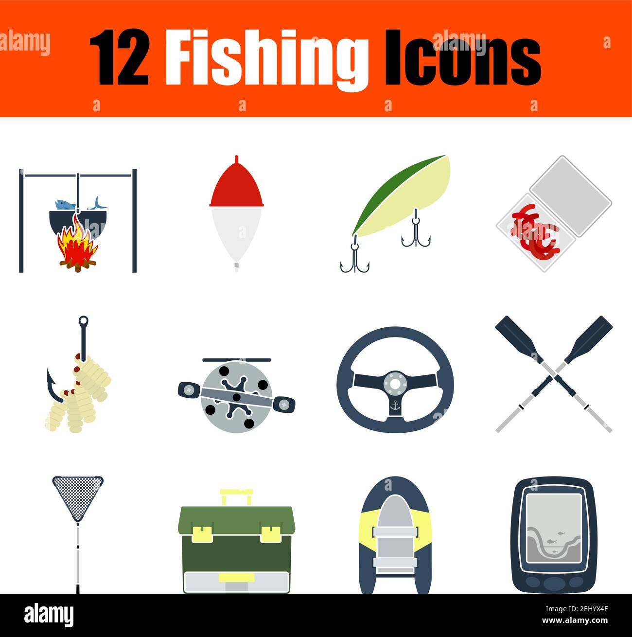 Fishing Icon Set. Flat Design. Fully editable vector illustration. Text ...