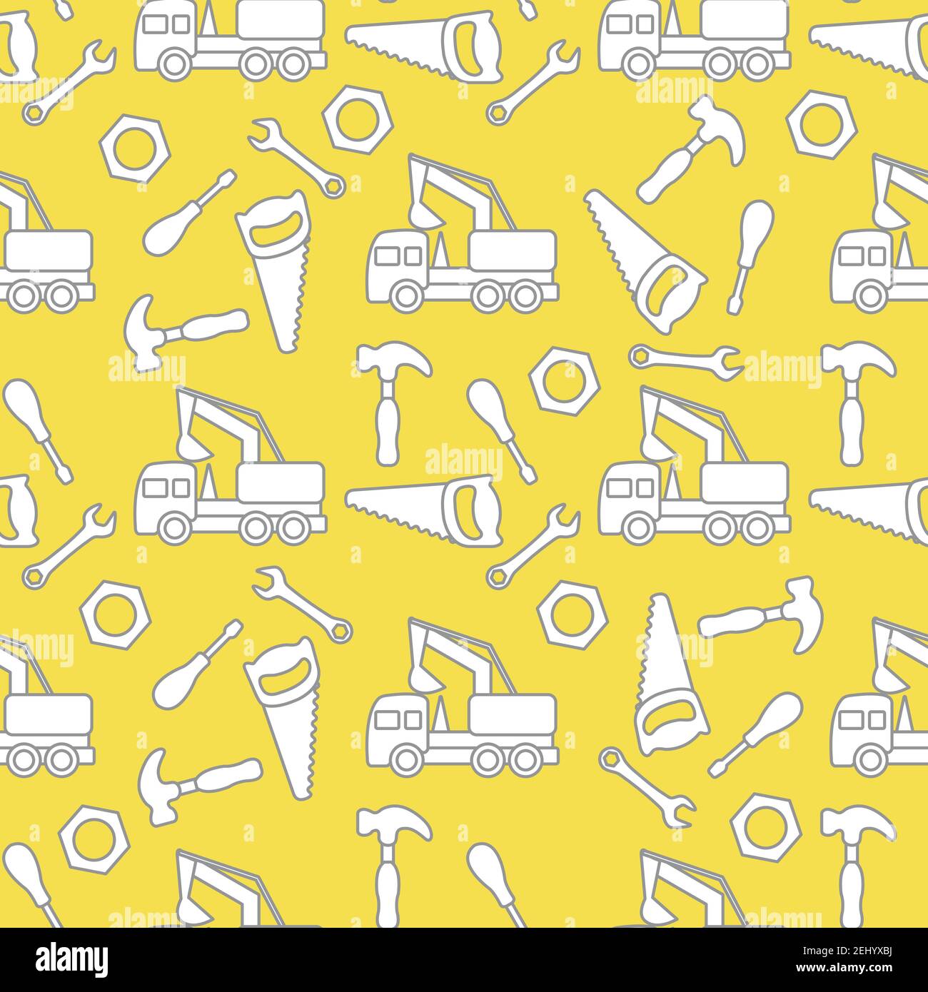 Vector seamless pattern with kid toys. Excavator, toy tools, saw ...