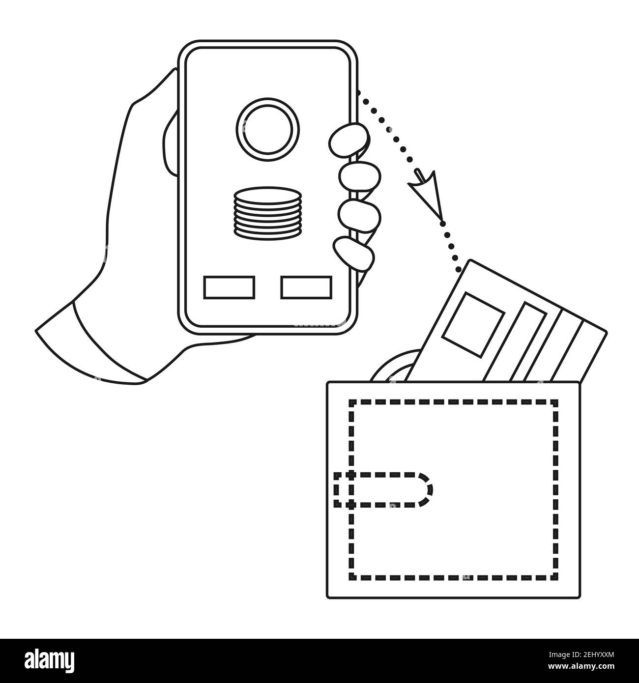 Vector illustration Hands hold cell phone Mobile money transfer Wallet ...