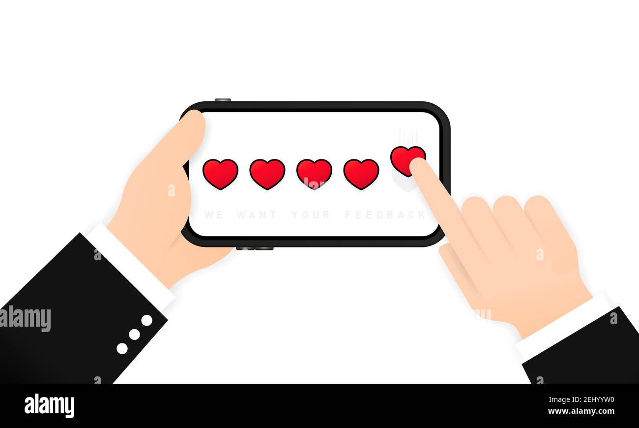 Hand holding phone and giving five heart rating. Review. We want your ...