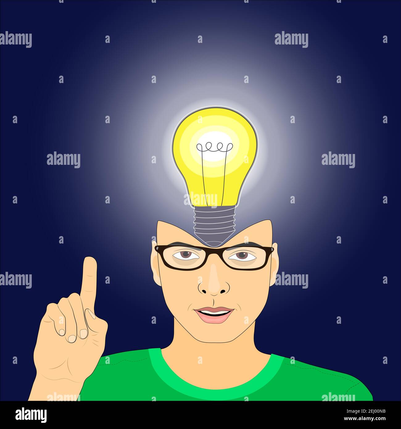 A smart young man with glasses thinks, an idea, a thought. A lighted ...