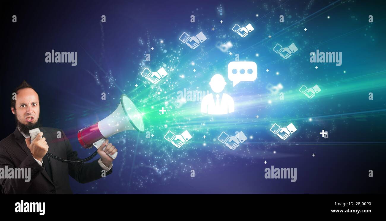 Young person with megaphone and leader icon, new business model concept ...