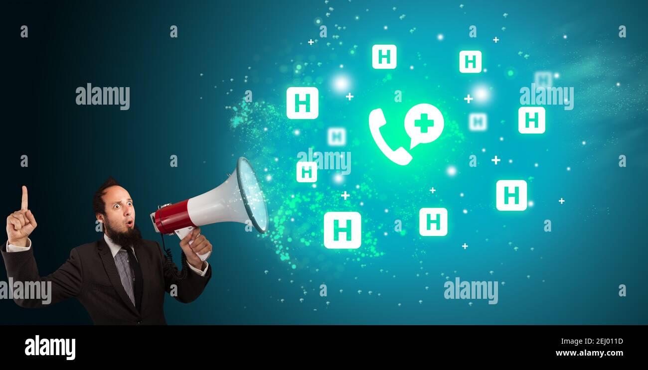 Young person shouting in megaphone and emergency call icon, medical ...