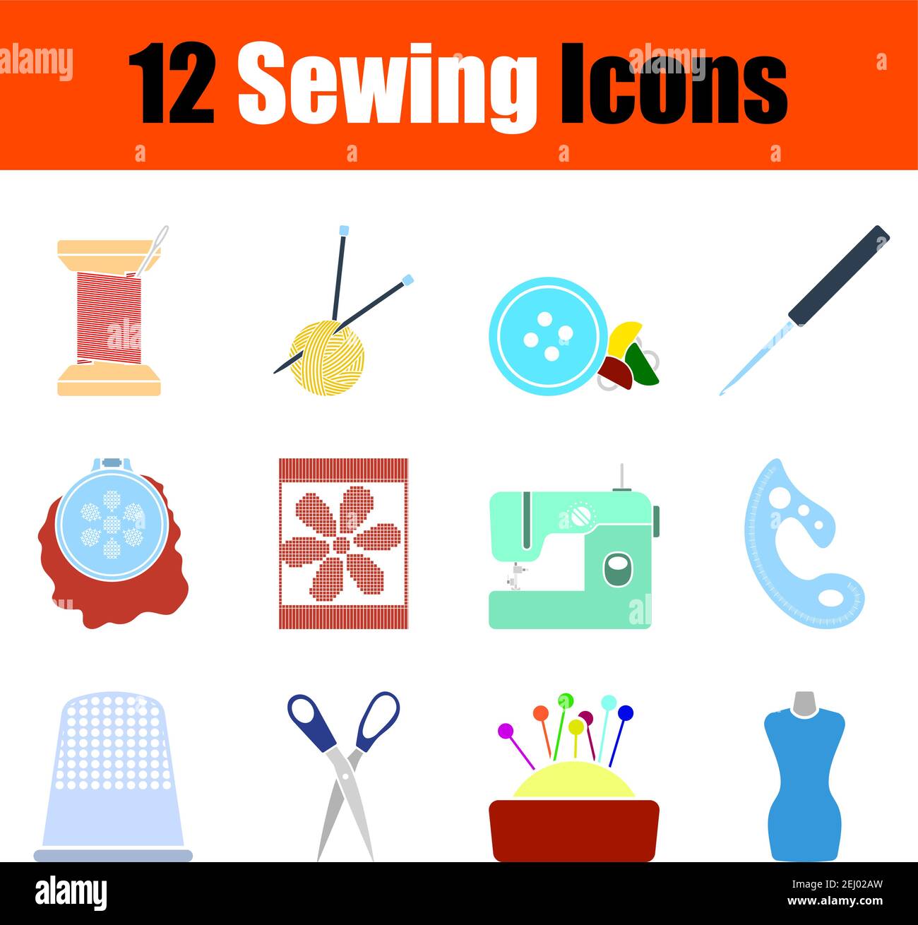 Sewing Icon Set. Flat Design. Fully editable vector illustration. Text ...