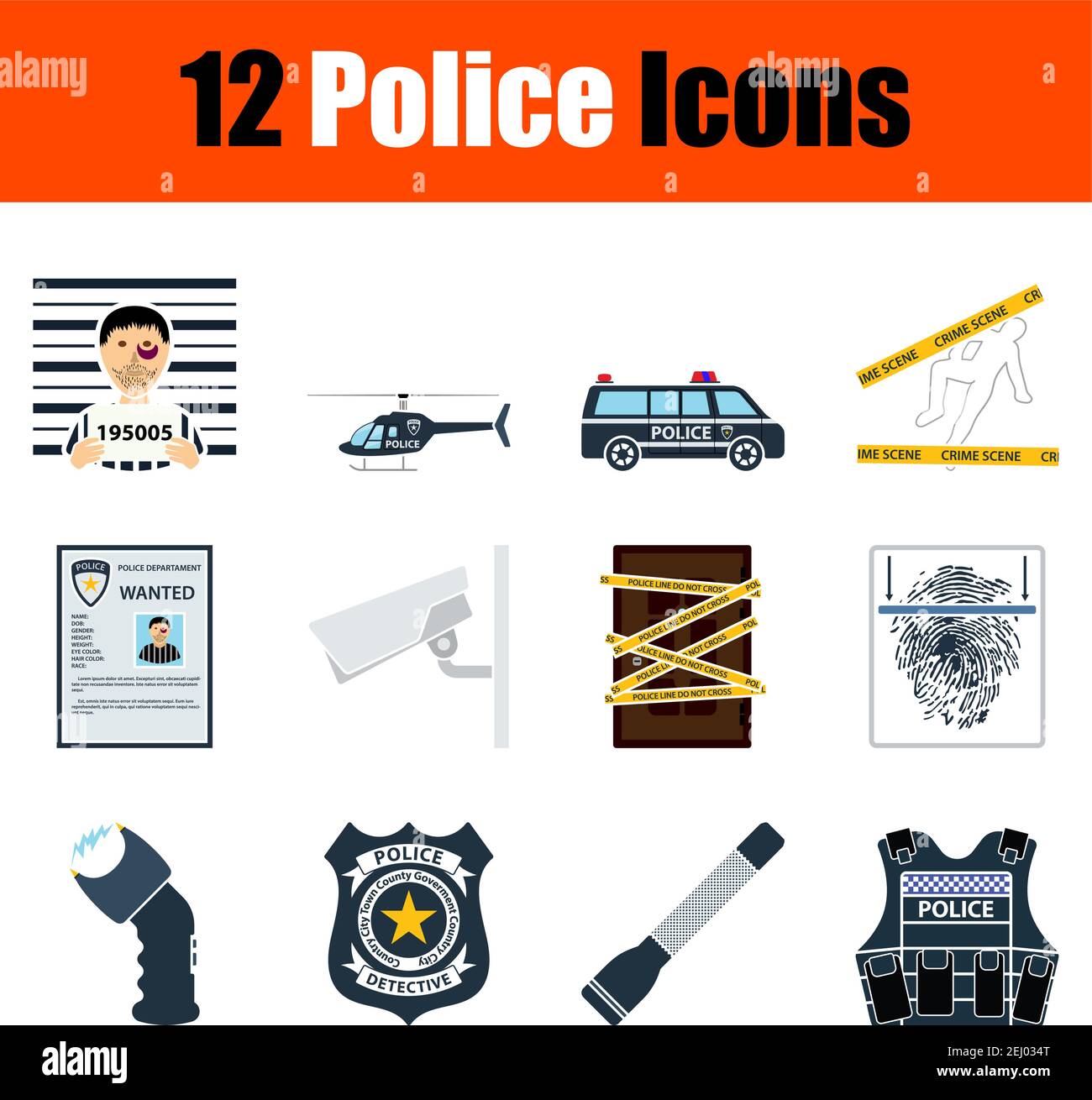 Police Icon Set. Flat Design. Fully editable vector illustration. Text ...