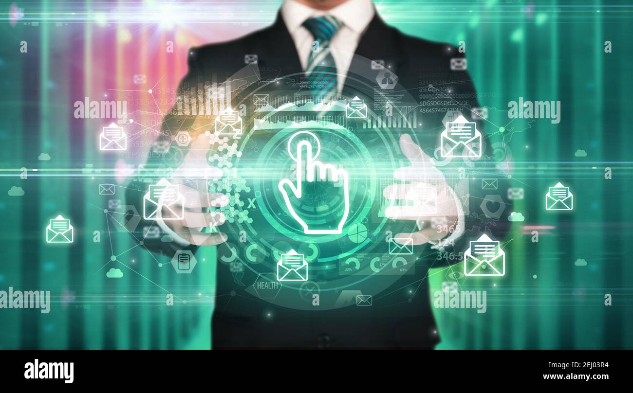 Businessman holding touch user interface icon in his hands with ...