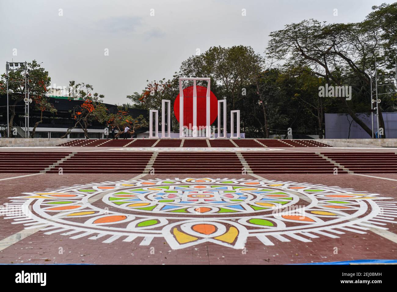 A view of a completed Alpana painting at the central Shaheed Minar as part of the preparation ...