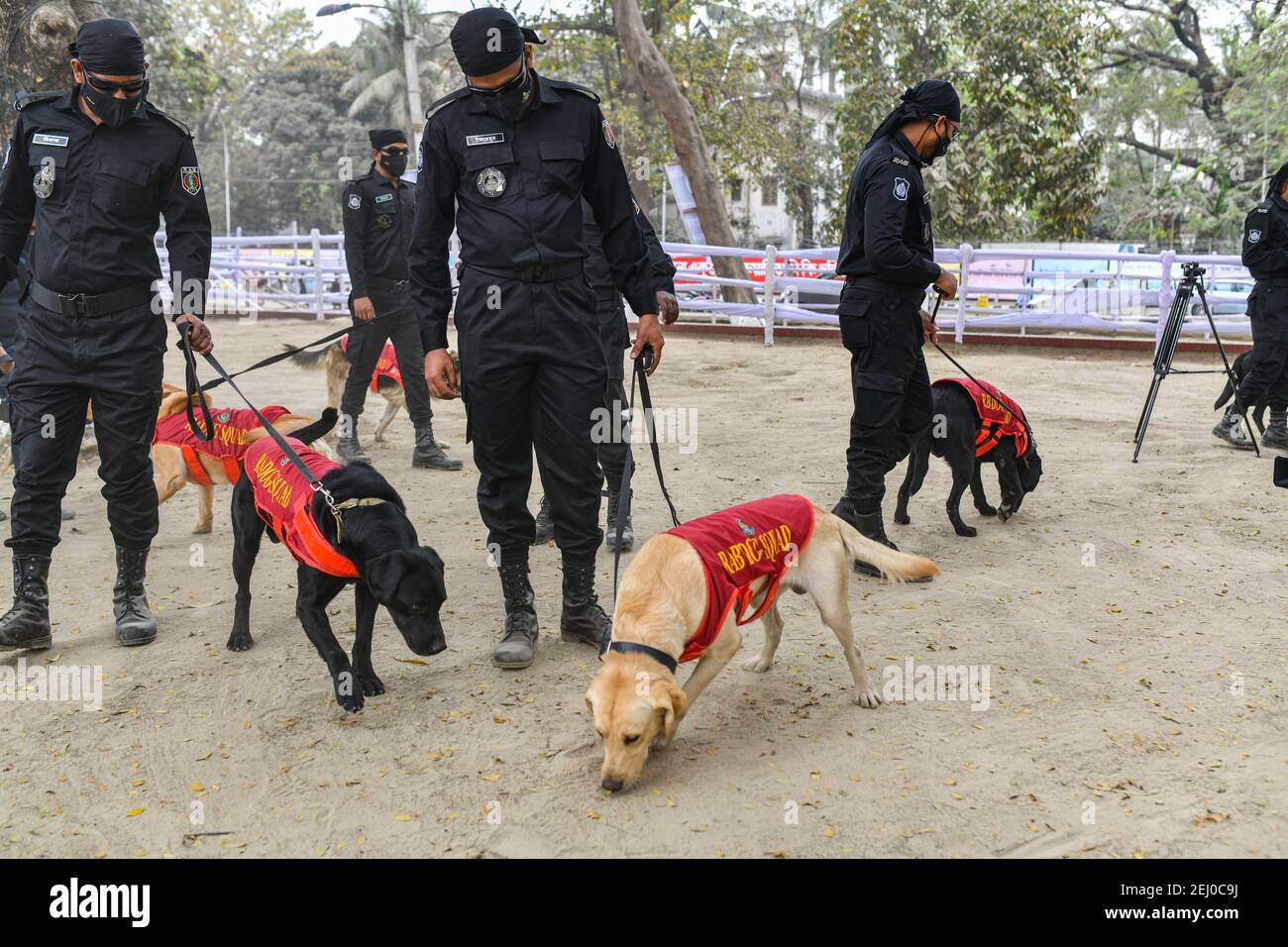 Dhaka, Bangladesh. 20th Feb, 2021. RAB dog squad inspect in front of ...