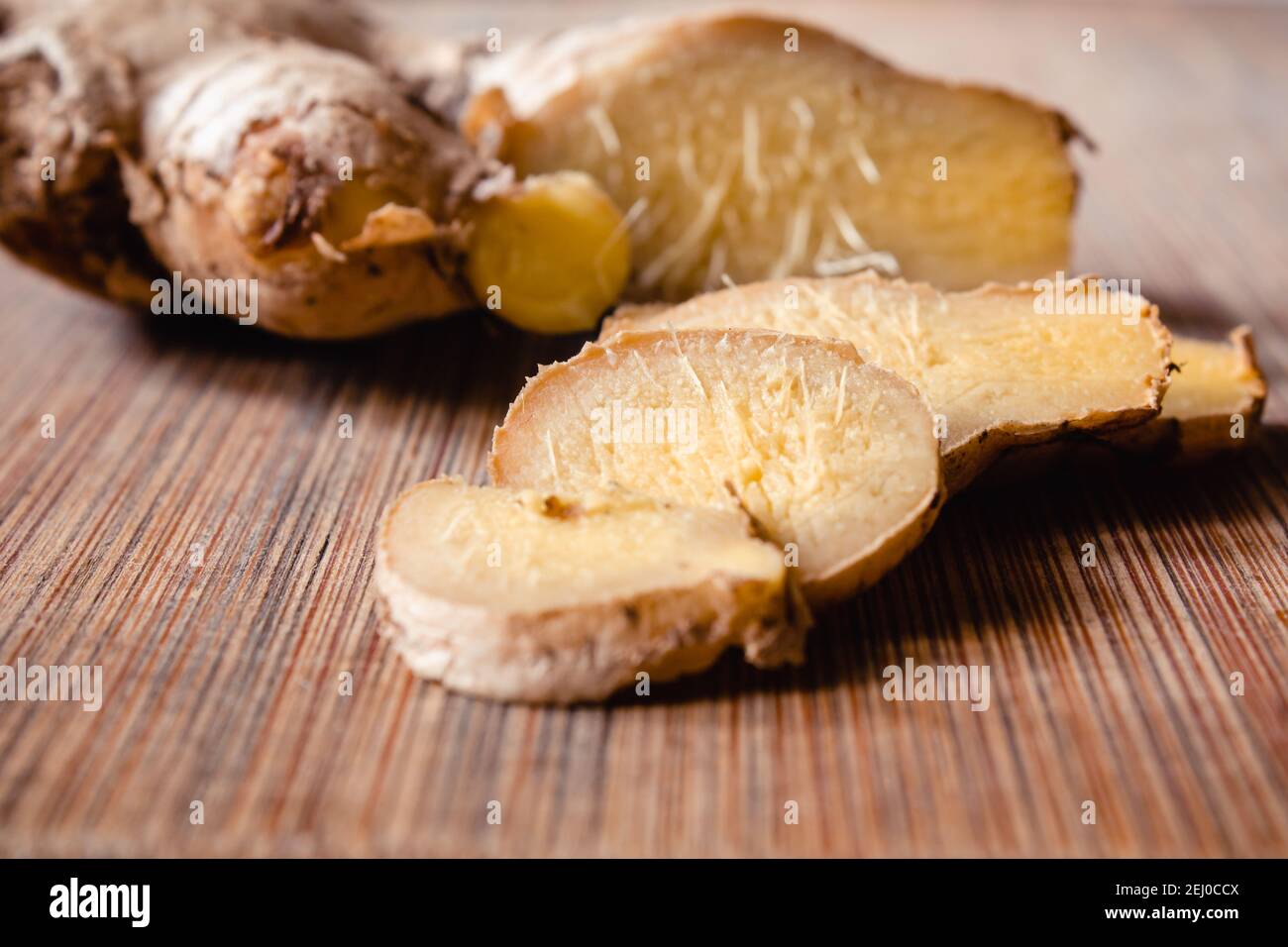 View of ginger slices. Ginger is well known food used in home remedies ...