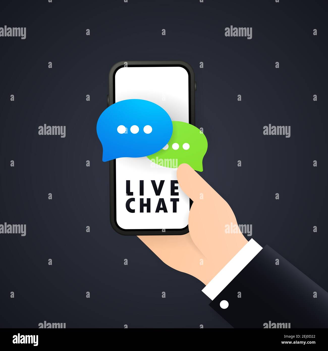 Live chat banner. Hand holding phone in hand with message icon ...