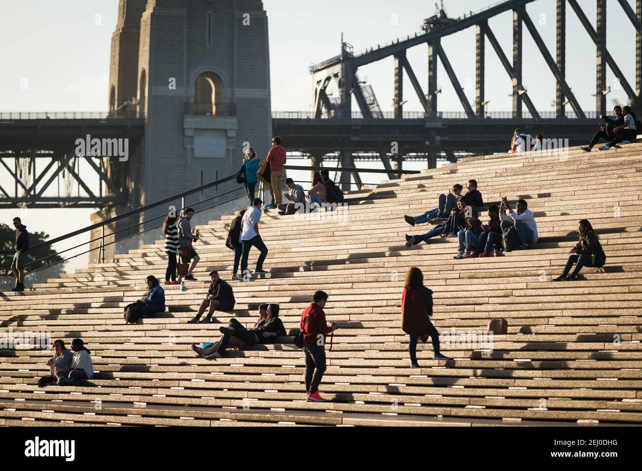 The Sydney Harbour Bridge and Sydney Opera House steps, Bennelong Point ...