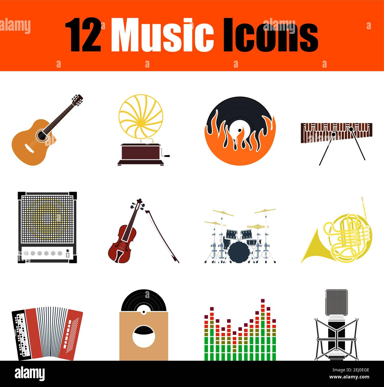 Music Icon Set. Flat Design. Fully editable vector illustration. Text ...