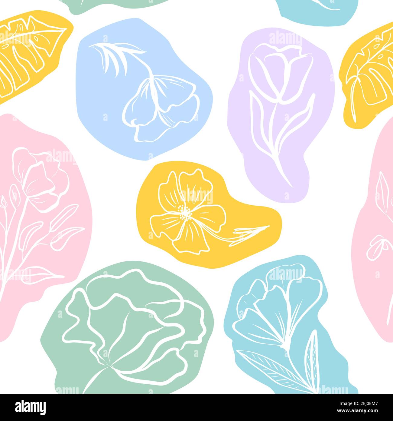 Vector seamless pattern of hand draw tropical leaves and flowers ...
