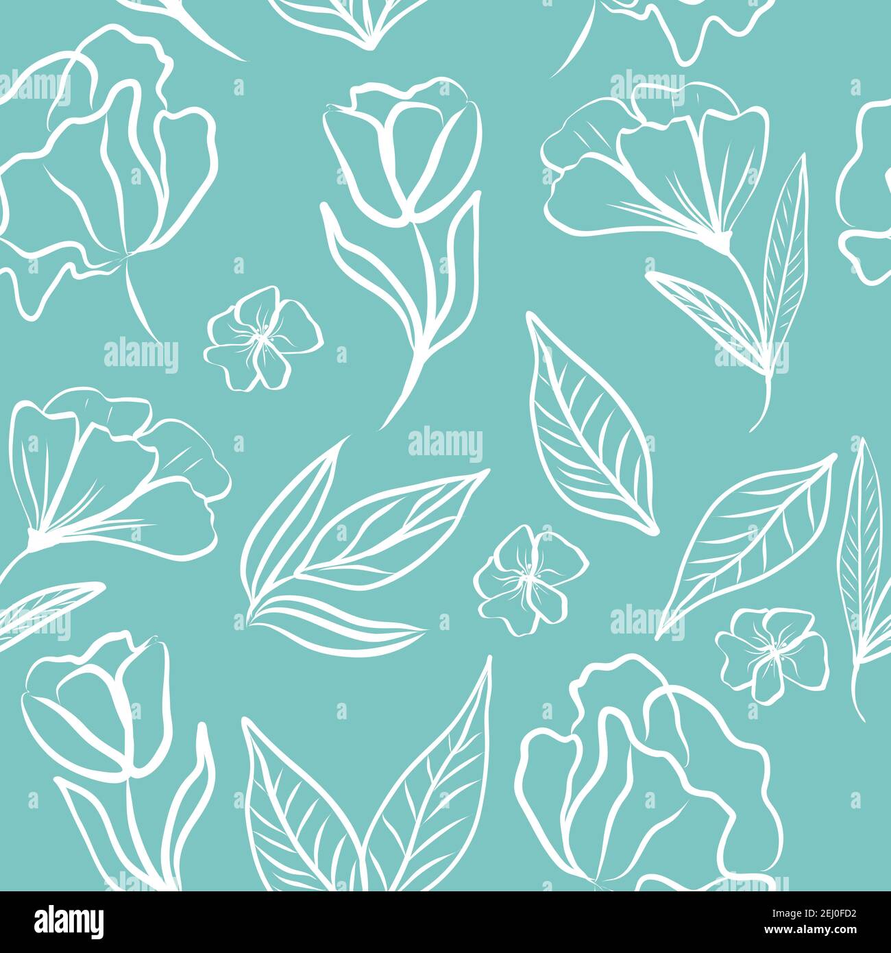 Seamless pattern of white hand draw tropical leaves and flowers. Botany ...