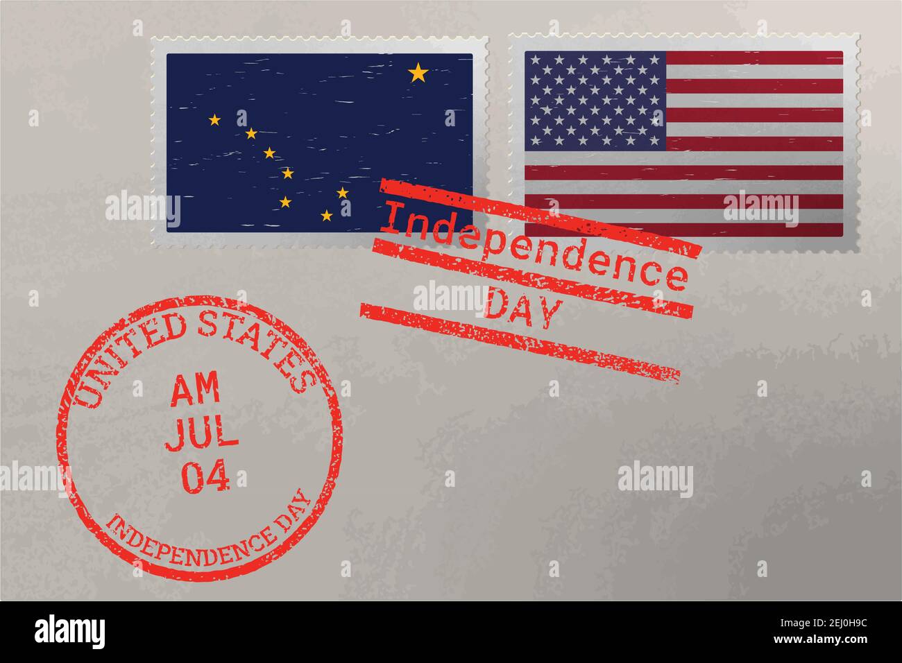 Postage stamp envelope with Alaska and USA flag and 4-th July stamps ...