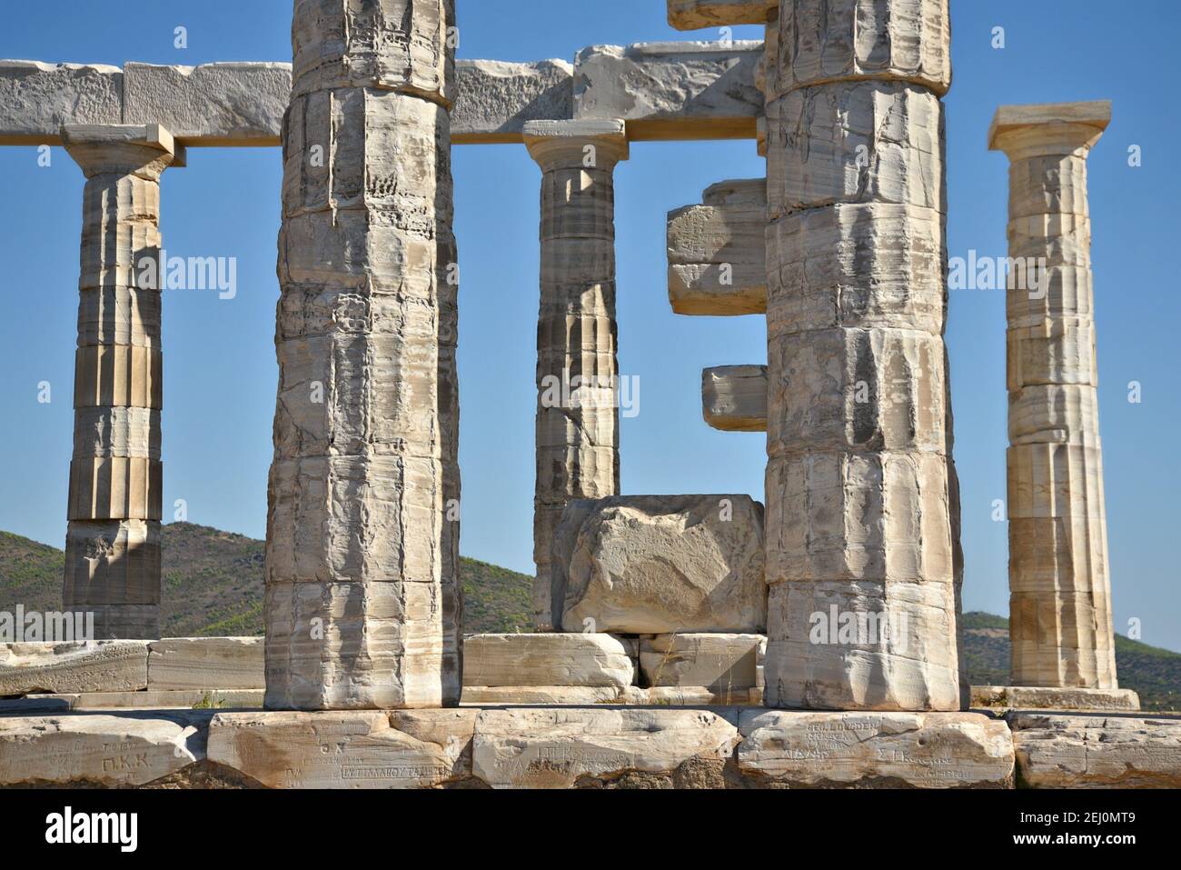 Marble columns view of the ancient Greek Doric style Temple of Poseidon ...
