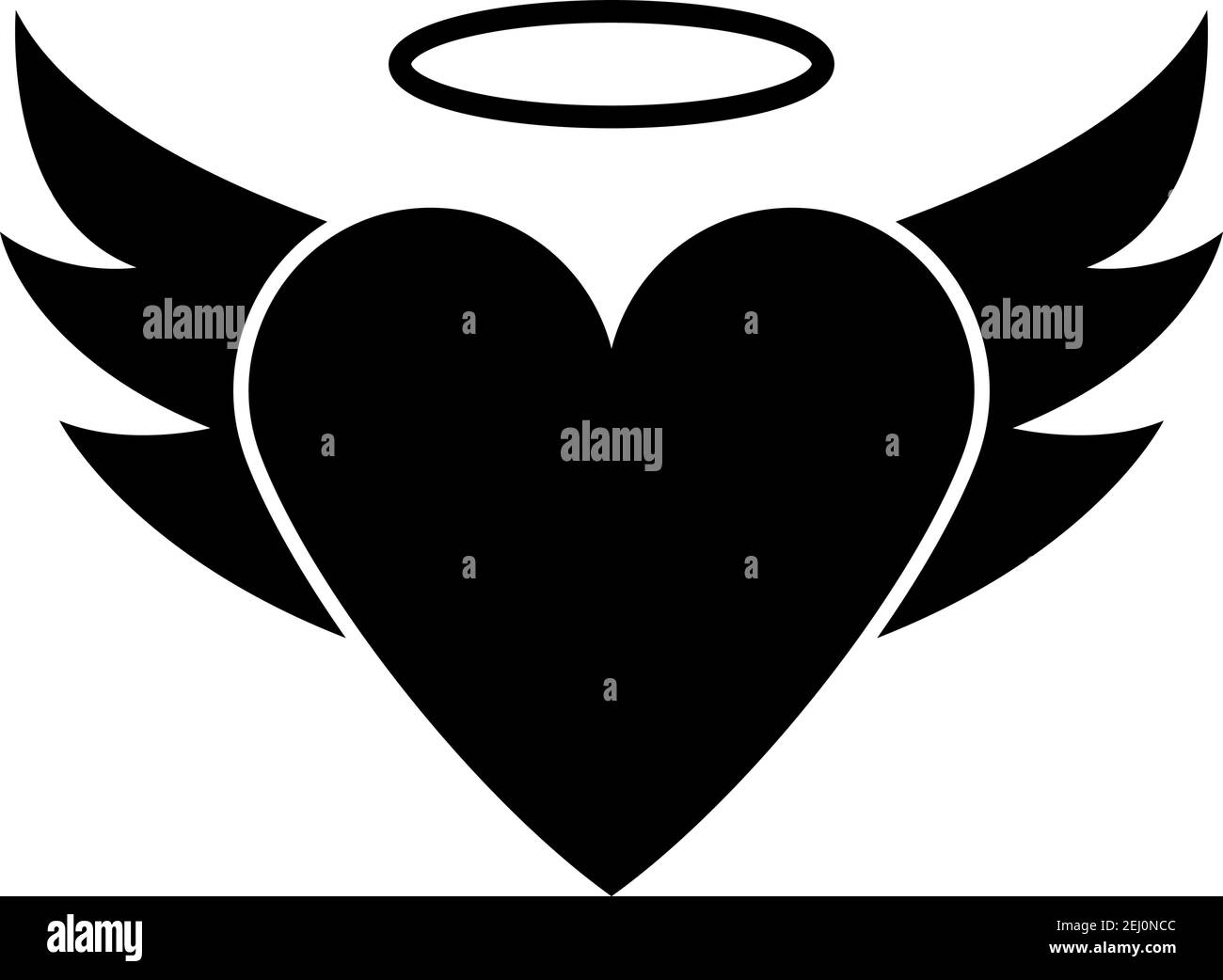 Valentine Heart With Wings And Halo Icon. Black Stencil Design. Vector ...
