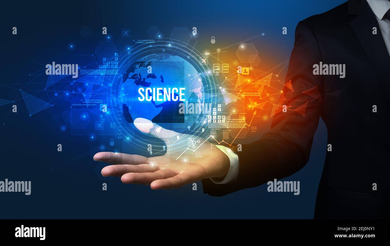 Elegant hand holding SCIENCE inscription, digital technology concept ...