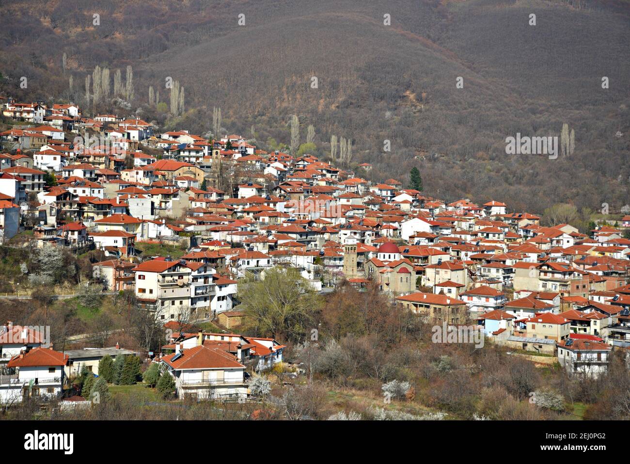Landscape with panoramic view of Florina with the traditional red clay ...