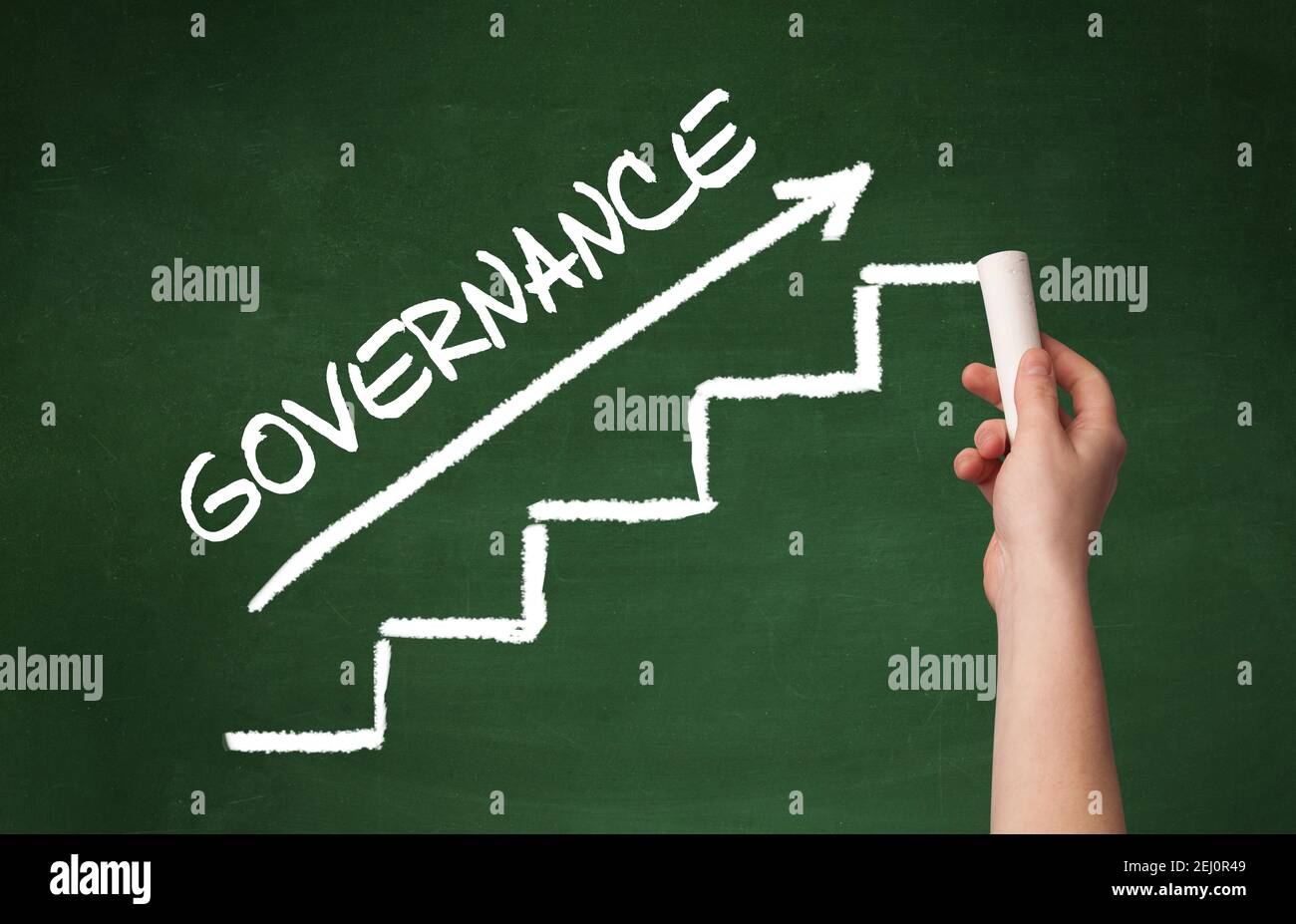 Hand drawing GOVERNANCE inscription with white chalk on blackboard ...