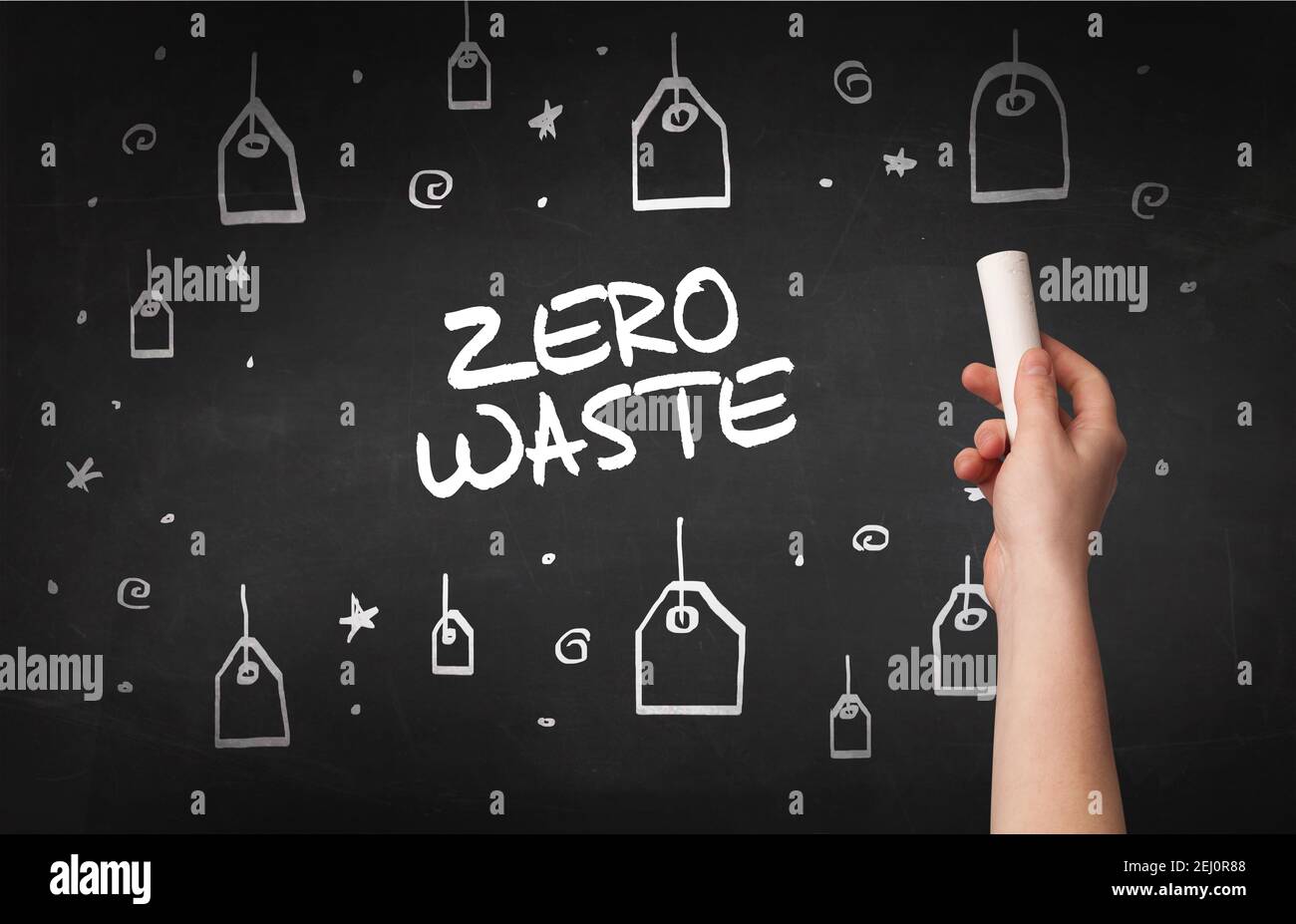 Hand drawing ZERO WASTE inscription with white chalk on blackboard ...