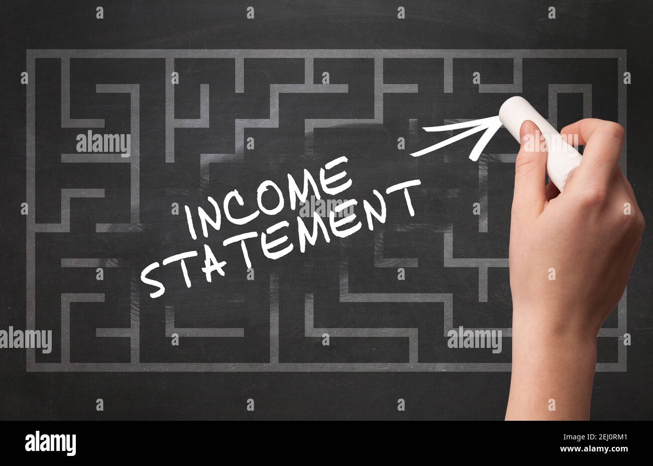 Hand drawing INCOME STATEMENT inscription with white chalk on ...