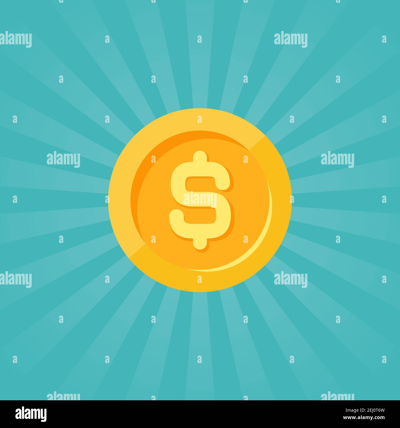 Gold dollar coin with rays. Flat icon. Isolated on blue. Economy ...