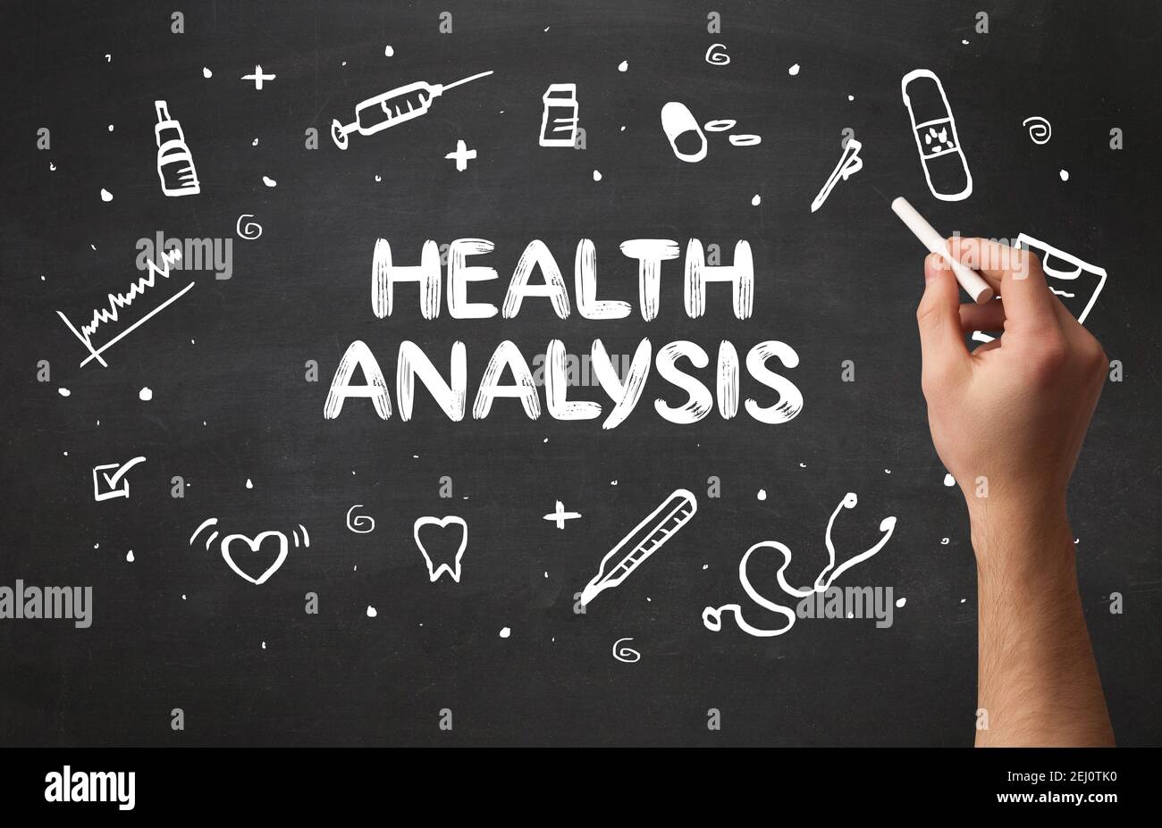 Hand drawing HEALTH ANALYSIS inscription with white chalk on blackboard ...