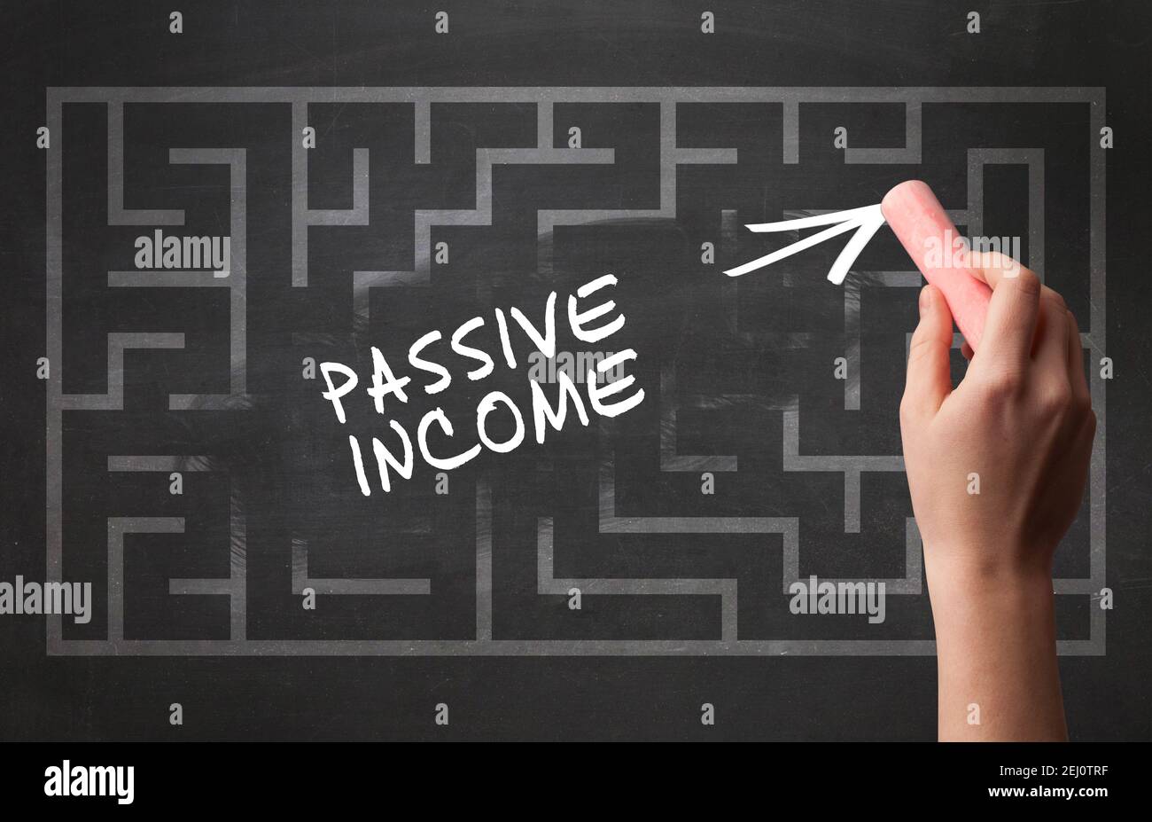 Hand drawing PASSIVE INCOME inscription with white chalk on blackboard ...