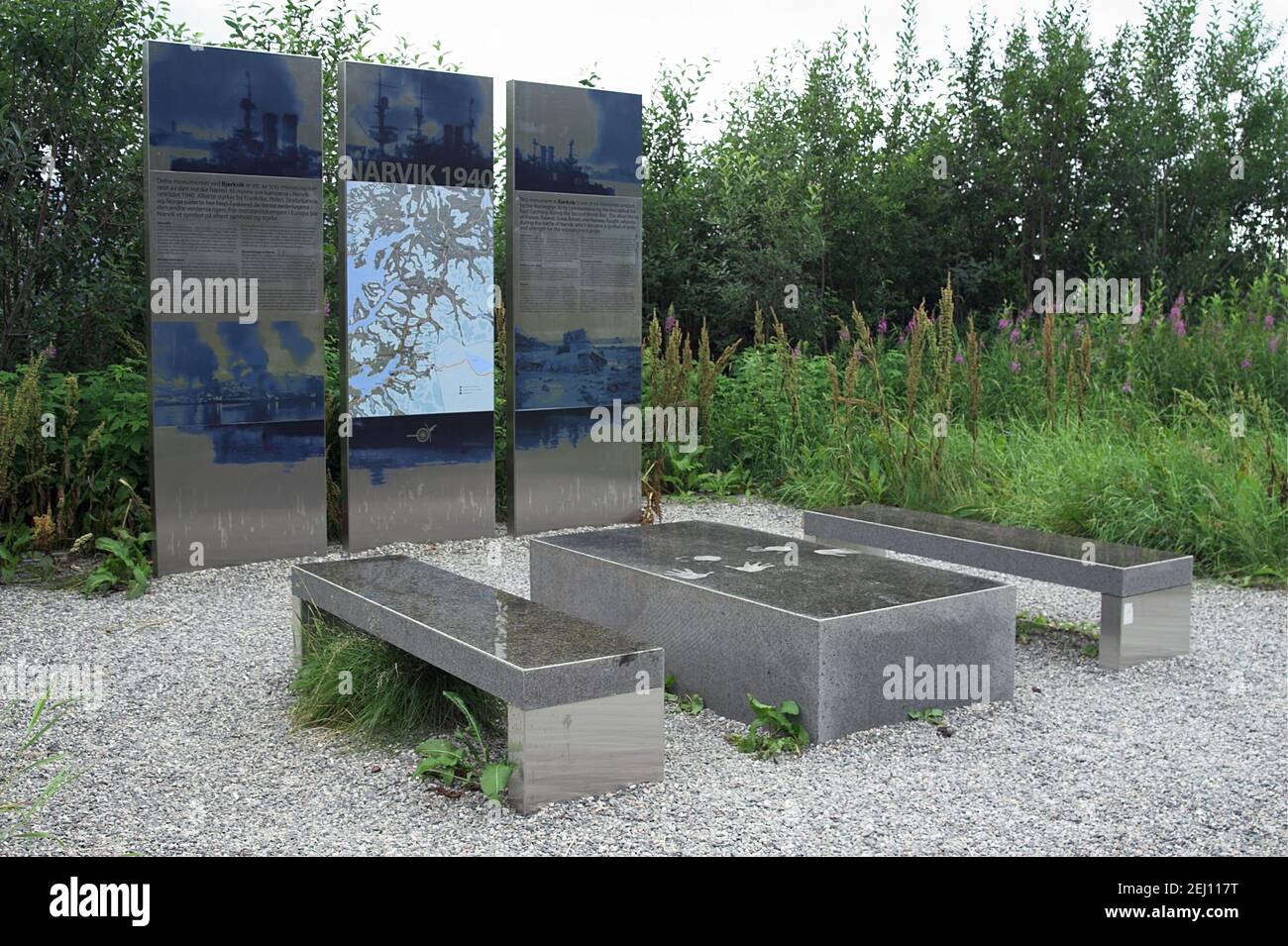 Herjangen, Norway, Norwegen; Narvik viewpoint; Monument commemorating ...