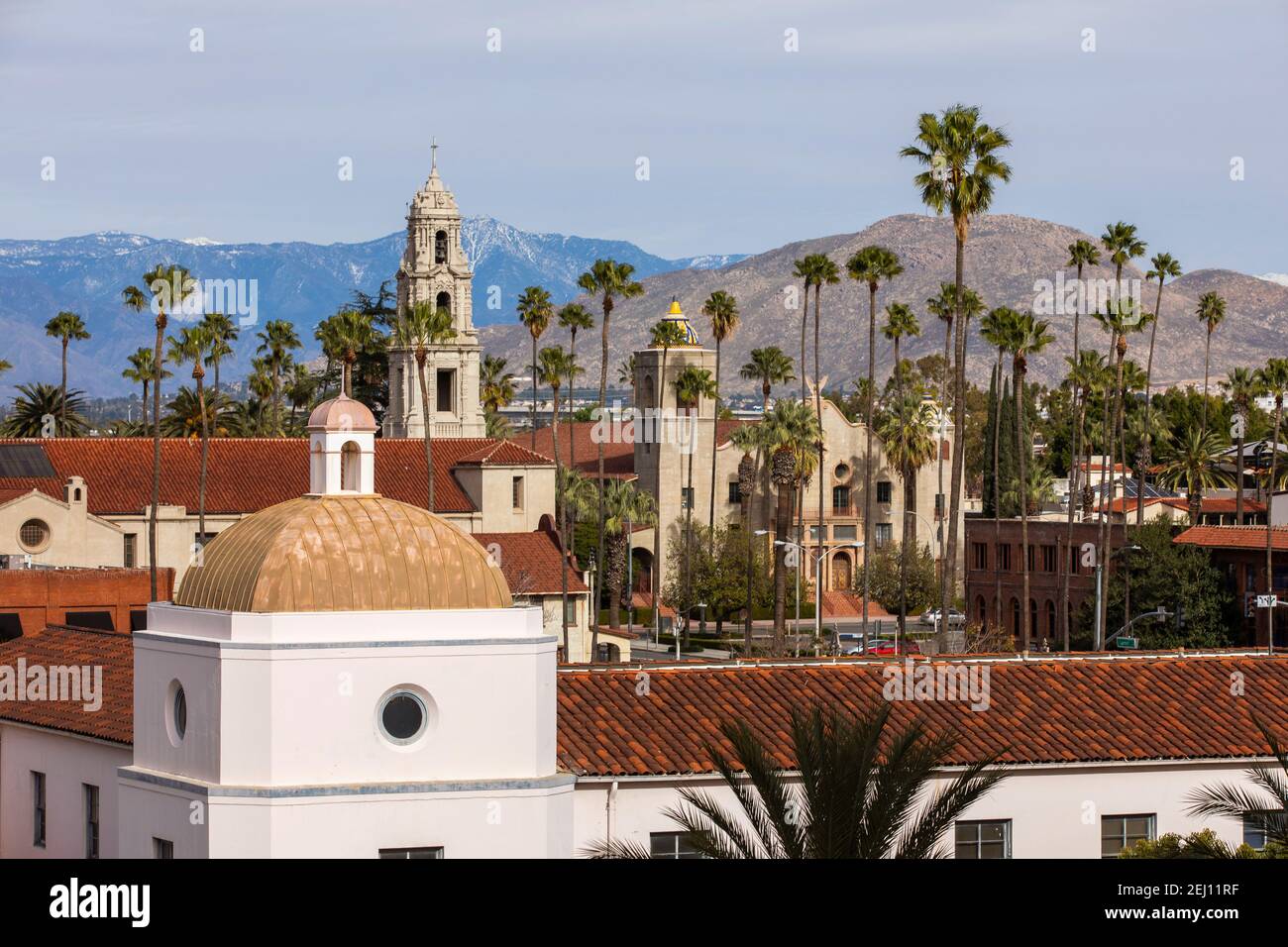 Snow capped mountain view of the historic skyline of Riverside ...
