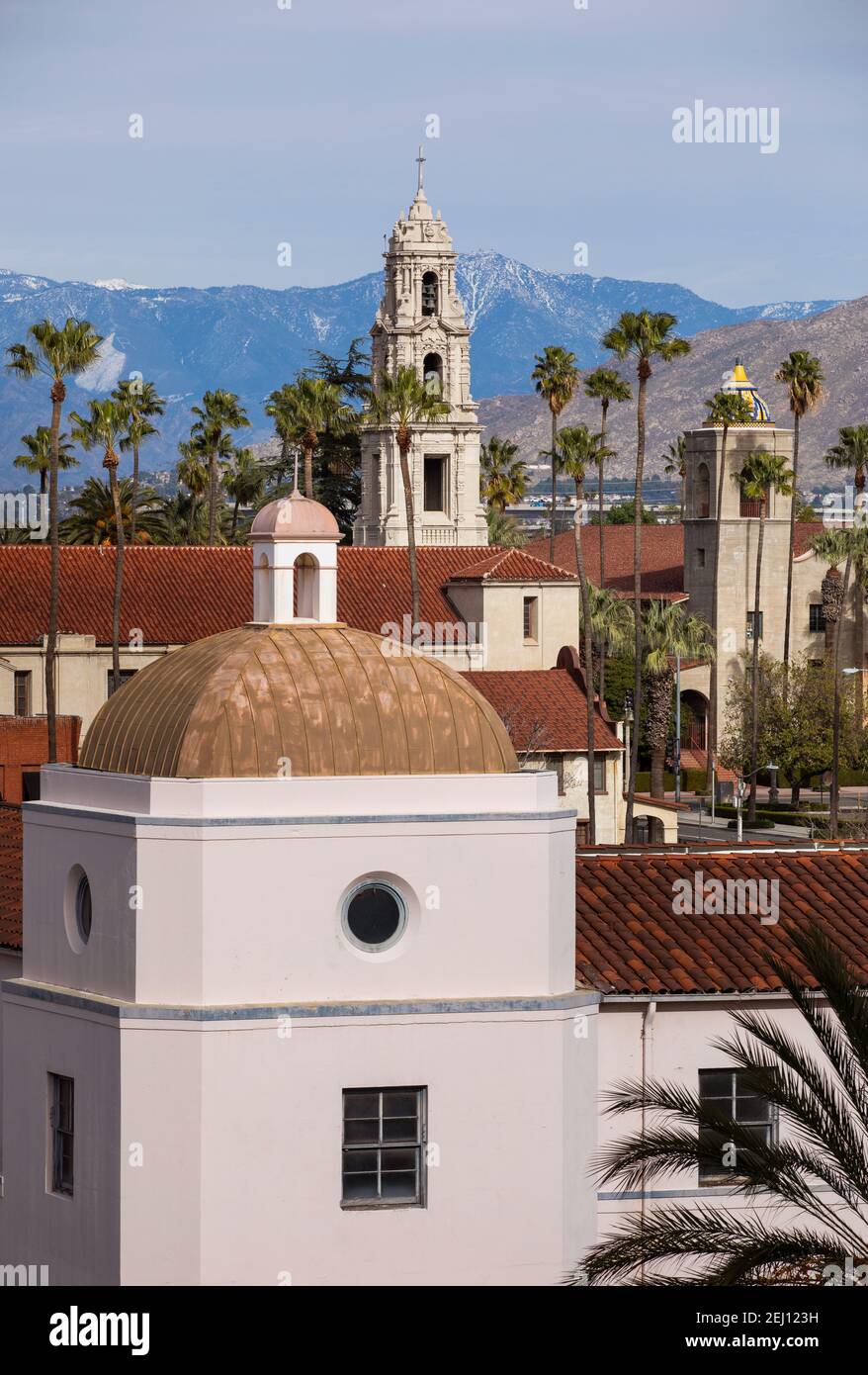 Snow capped mountain view of the historic skyline of Riverside ...