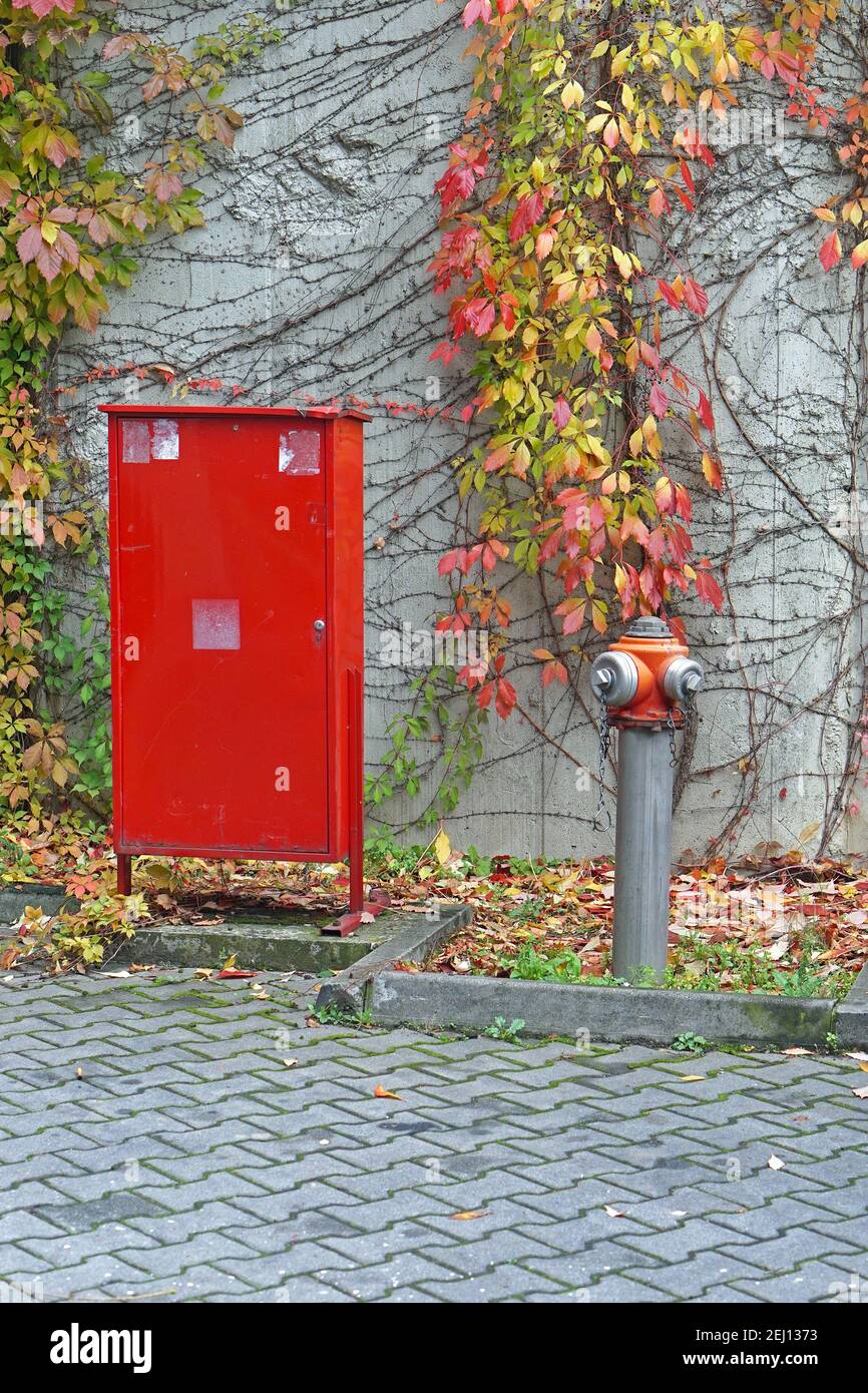 Water pipe and red box for fire emergency equipment Stock Photo - Alamy