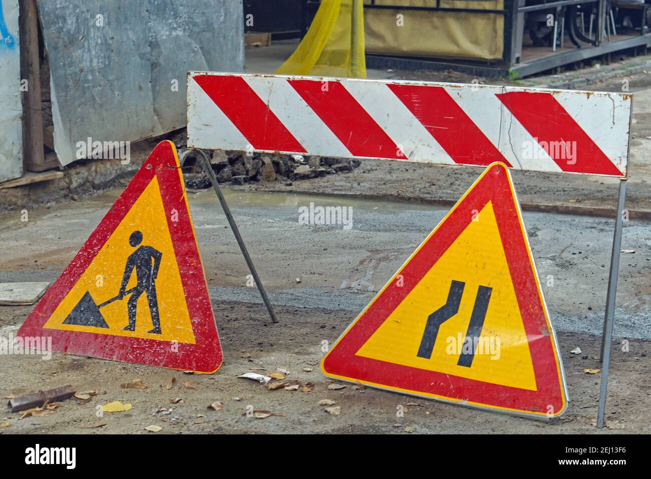 Road works barrier and traffic signs at street Stock Photo - Alamy