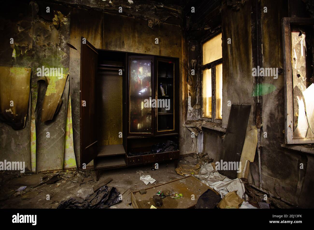 Burnt house interior. Consequences of fire concept Stock Photo - Alamy