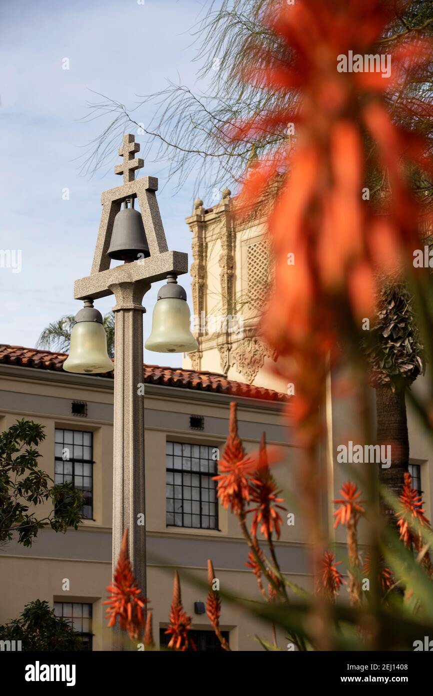 Daytime view of historic street lights and trees of downtown Riverside ...