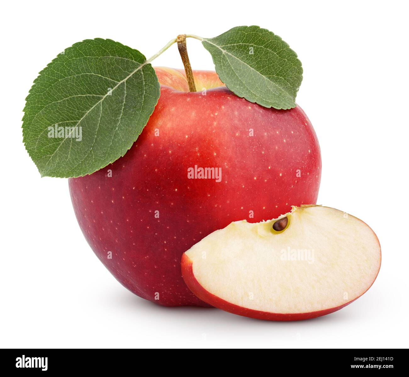 Ripe red apple with green leaves and slice isolated on white background ...