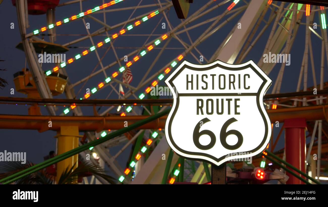 SANTA MONICA, LOS ANGELES, USA - 28 OCT 2019: Iconic road sign glowing ...