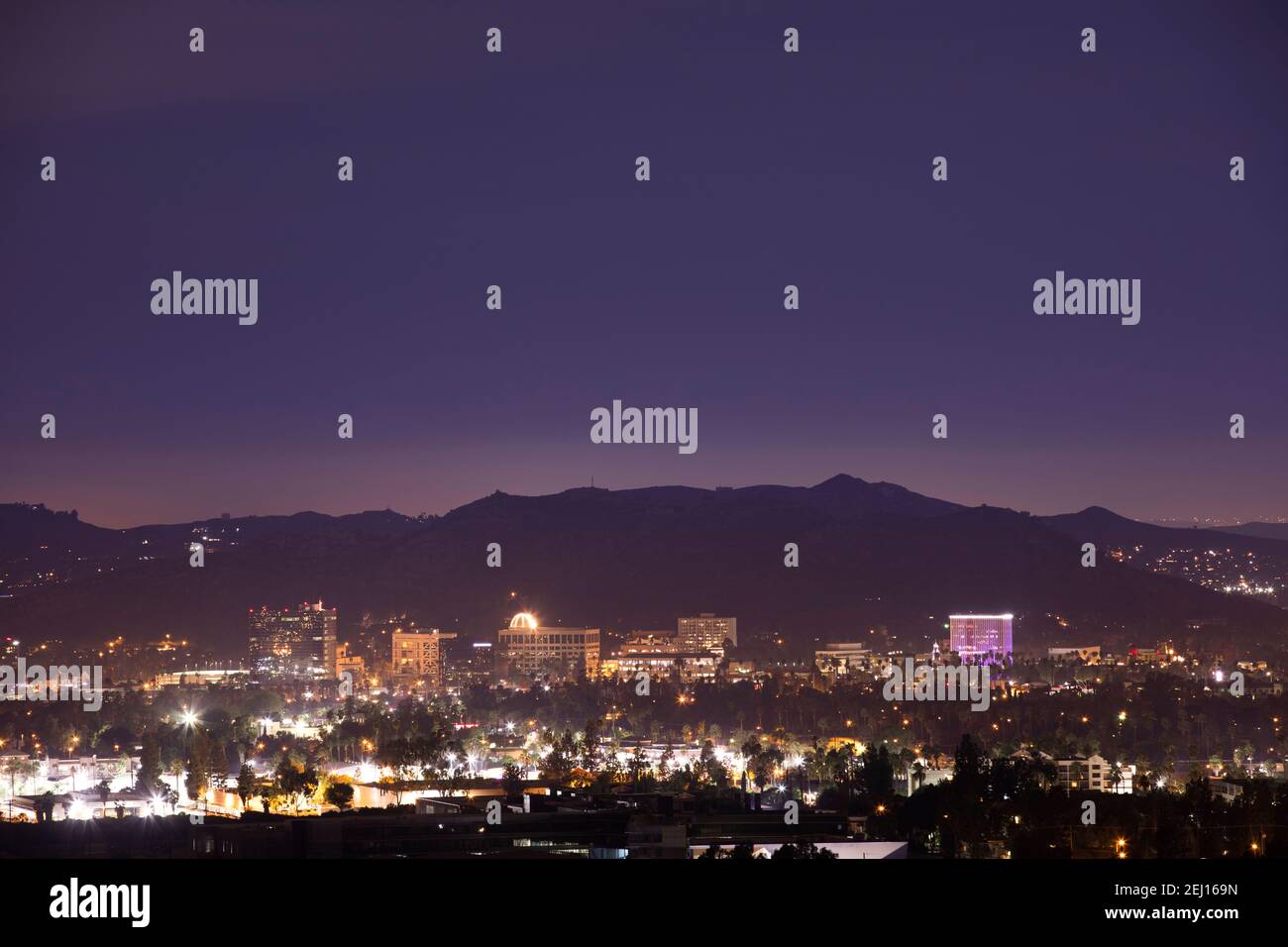 Aerial nighttime skyline view of Downtown Riverside, California, USA ...