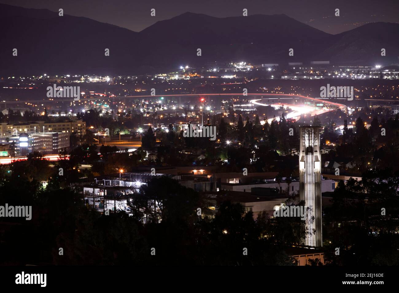 Aerial nighttime skyline view of Downtown Riverside, California, USA ...