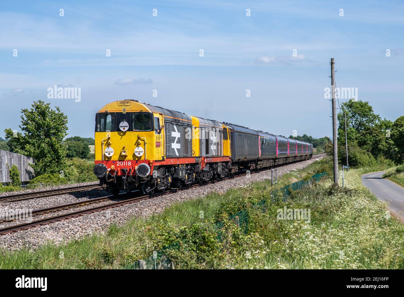 Railfreight liveried class 20s Nos. 20118 and 20132 head West through ...
