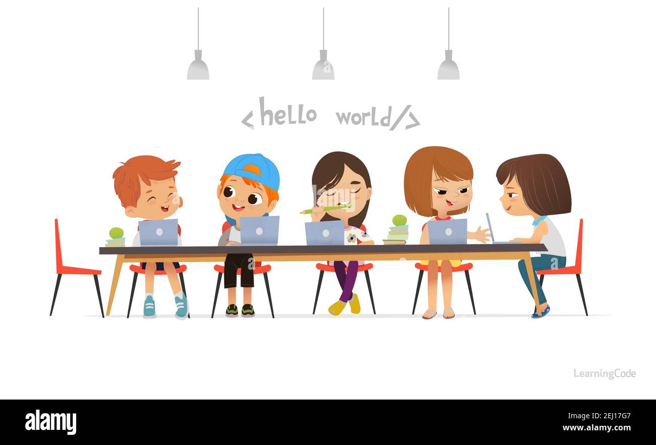 Happy children sitting at laptops and learning programming during ...