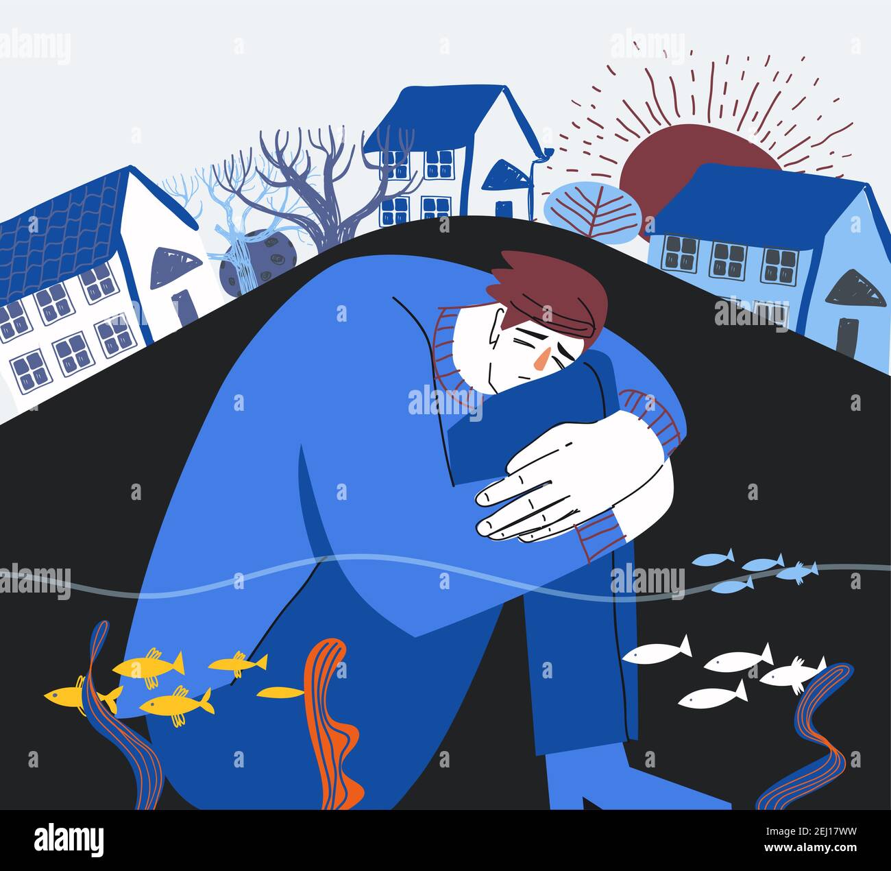 Young man in confused situation and depressed, Young man sitting and ...