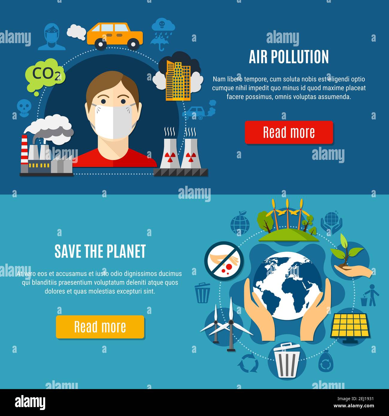 Pollution horizontal banners set with air pollution symbols flat ...