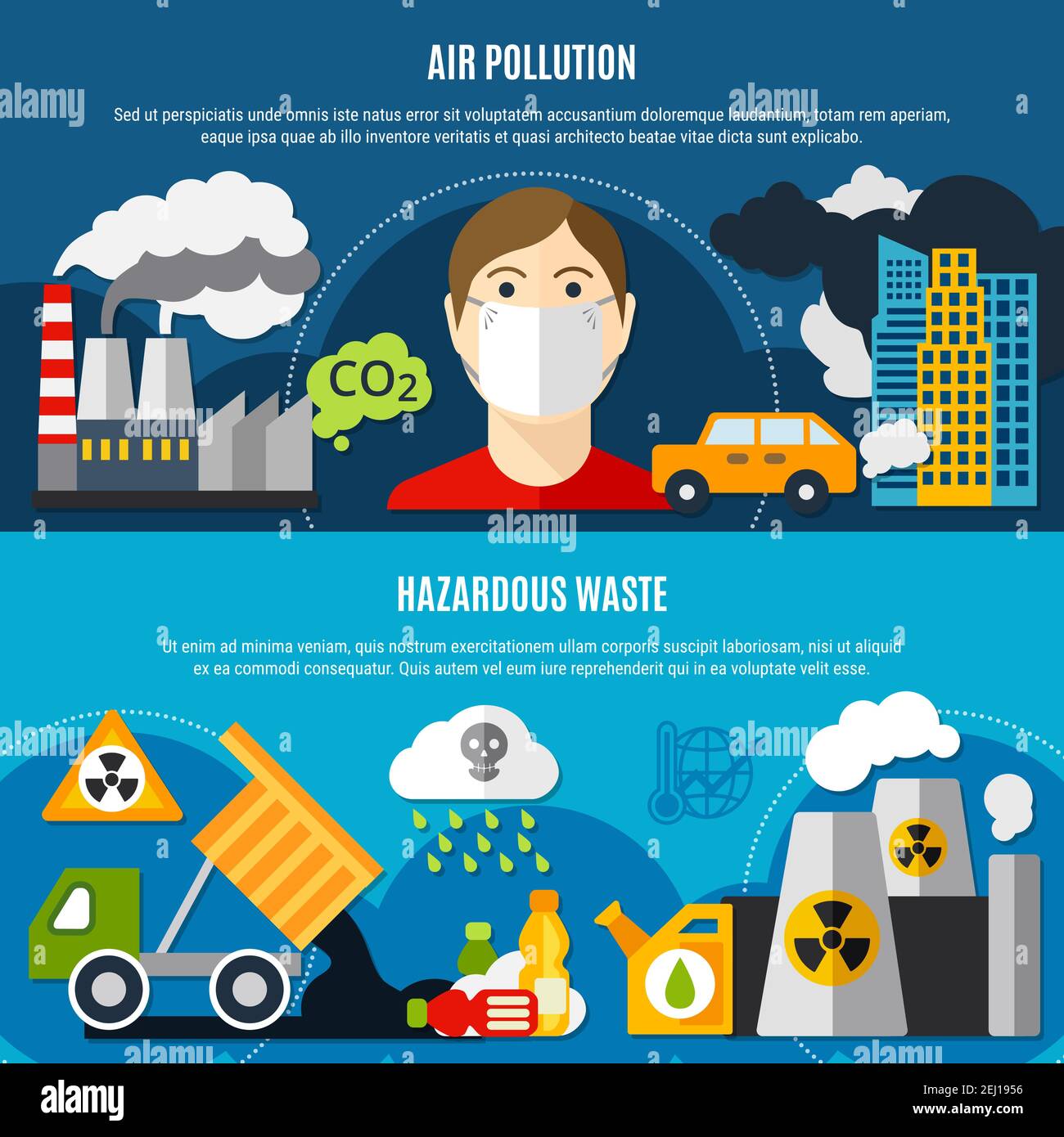Pollution problem horizontal banners set with air pollution and waste ...