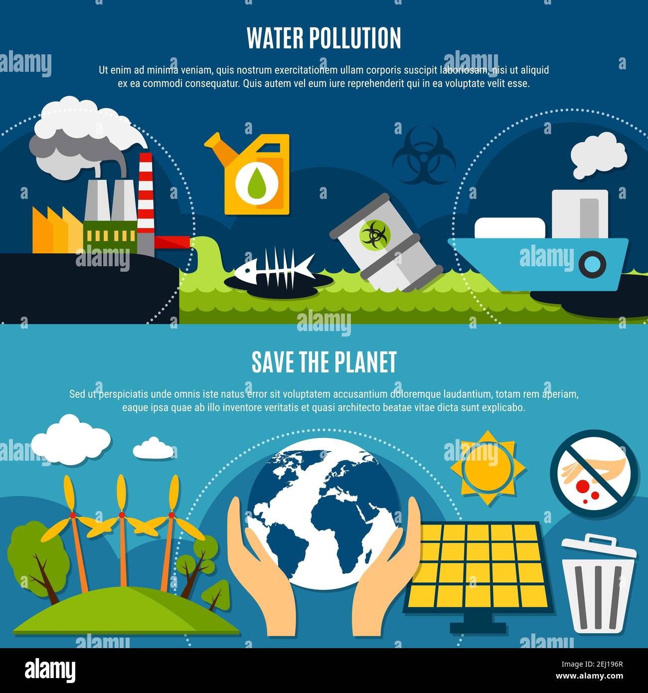Ecology and pollution horizontal banners set with water pollution ...