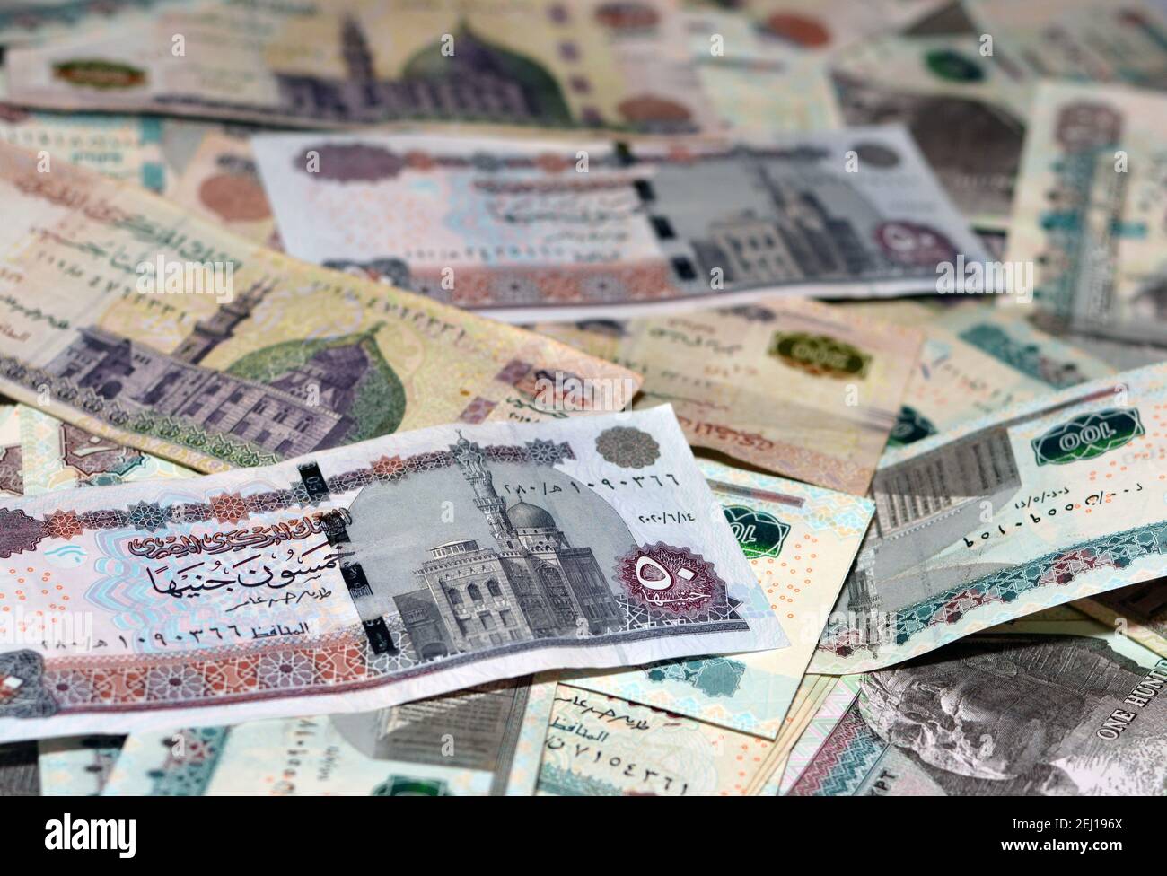 selective focus of Egyptian money background , 200 LE, 100 LE, 50 LE ...