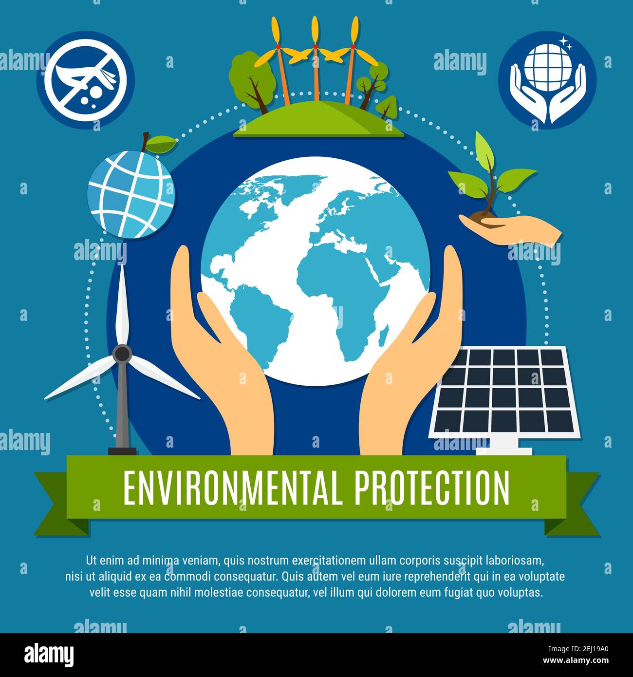 Ecology and pollution concept with globe and nature symbols flat vector ...
